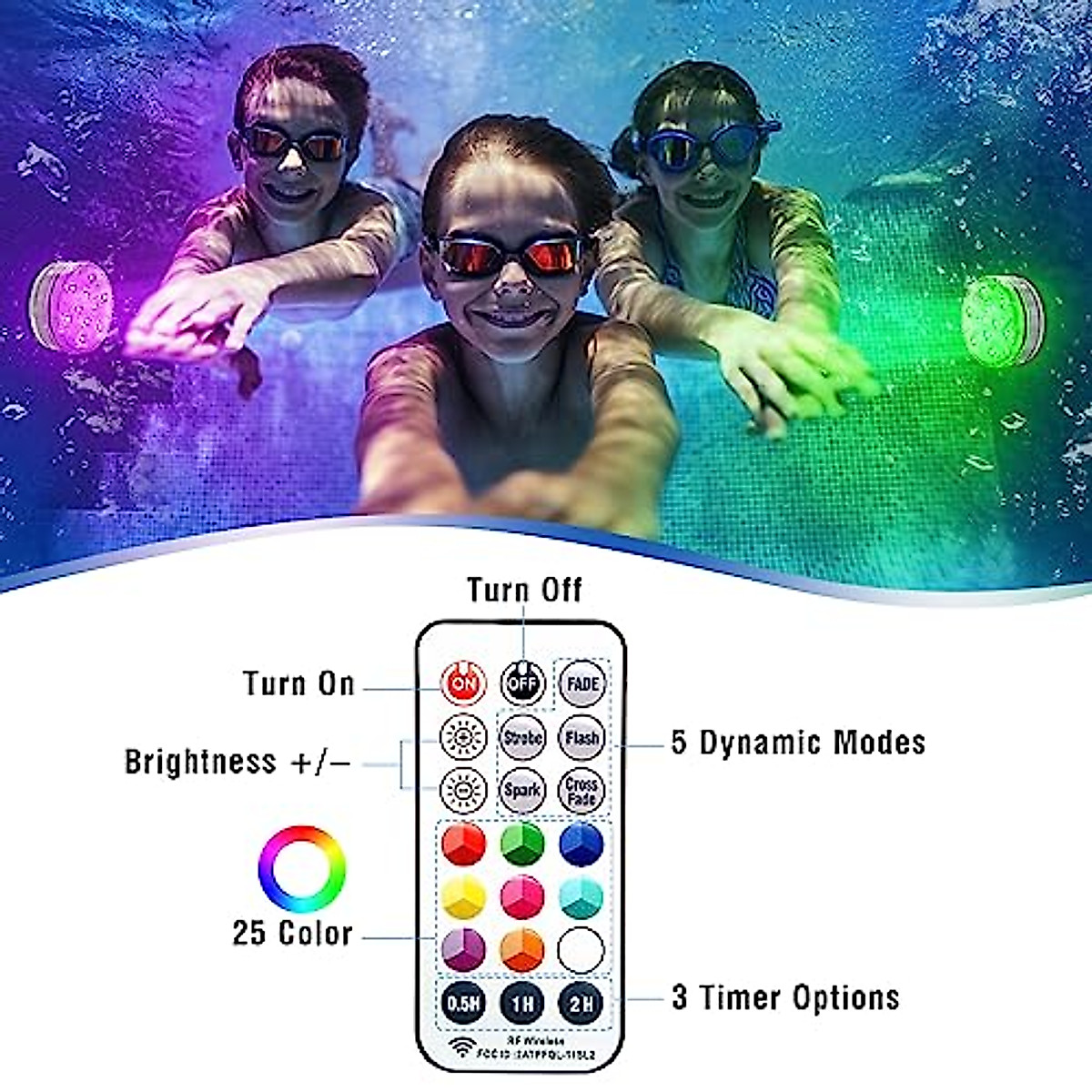 Qoolife Rechargeable Submersible Pool Lights with Remote, Waterproof Underwater Charging Battery Operated Controlled 25 Color Changing LED with Magnet Floating Lights Pool Pond Decoration (2 Pack)