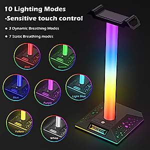 SIMOEFFI Upgraded RGB Gaming Headphones Stand, Headset Stand with 3.5mm AUX and 2 USB Charging Ports, Headphone Holder with 10 Light Modes and Memory Feature for Gamers PC Earphone Accessories Desk