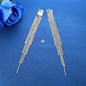 mecresh Silver Crystal Long Tassels Dangle Earrings Sparkling Rhinestone for Wedding (B-long tassels)