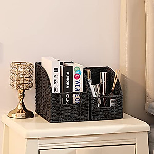 Vagusicc Wicker Storage Baskets, Set of 2 Hand-Woven Foldable Cube Storage Baskets with Handles 13 inches + Set of 3 Shelf Baskets Organizer Small Wicker Baskets for Pantry Office Kitchen, Black