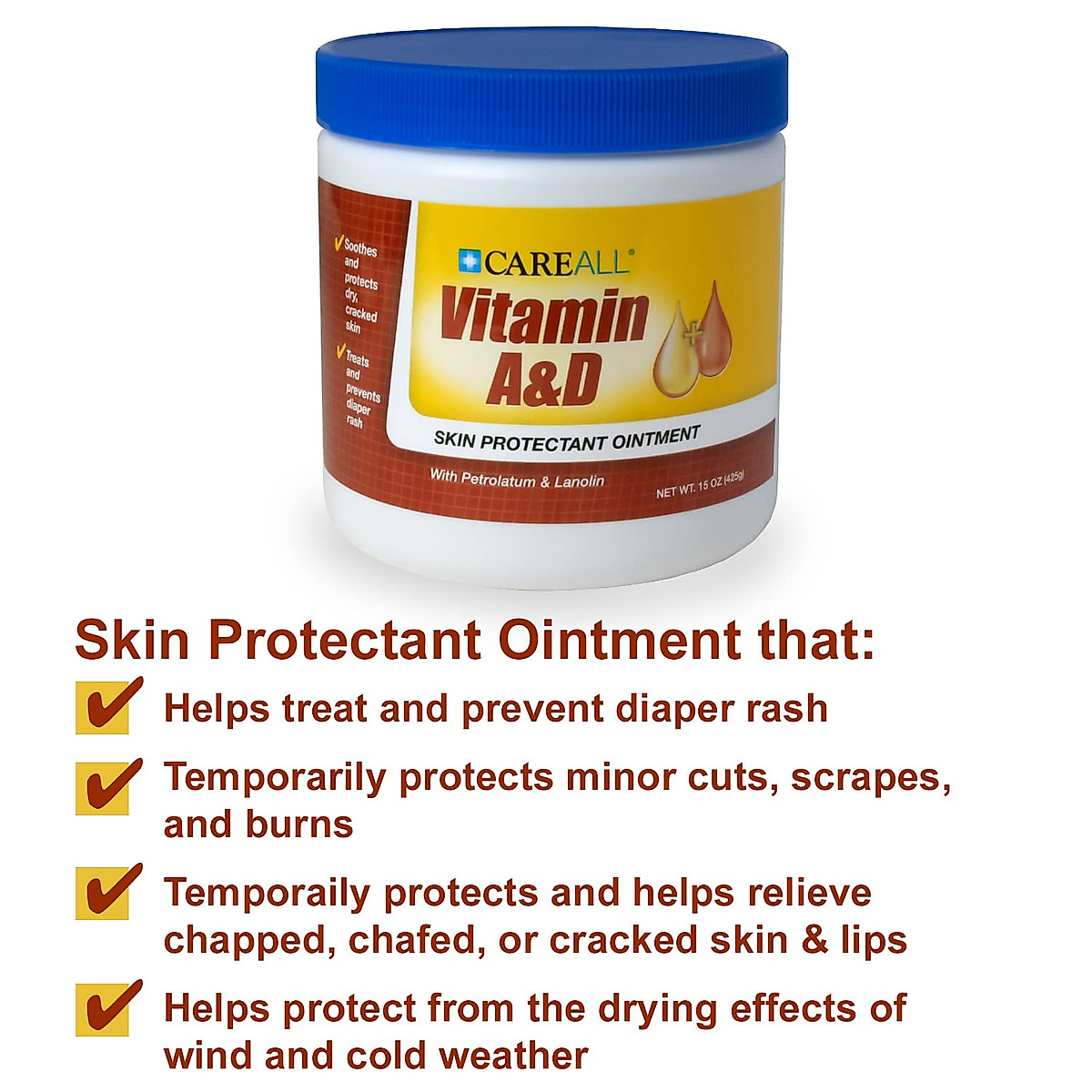 CareAll Vitamin A&D Ointment 15 oz. Helps Treat and Prevent Diaper Rash. Protects Chafed Skin Associated with Cold Weather, Rashes, Seals Out Wetness. Protects Minor Cuts, Scrapes, Burns