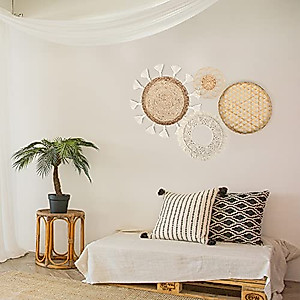 Set of 4 Boho Wall Basket Decor Boho Wall Hanging Decor Rattan Macrame Decor Flat Round Wicker Woven Macrame Tassels Tapestry Bamboo Wall Basket Handmade Serving Tray Art for Room Bedroom Living Room