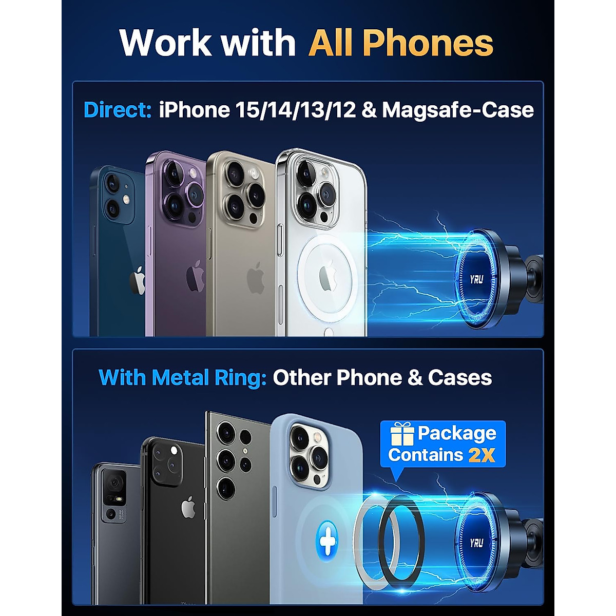 YRU [2024 Upgraded] Magnetic Phone Holder for Car【Patented & Super Magnet】 for MagSafe Car Mount Dashboard Magnet Phone Holder Windshield Phone Stand for iPhone 15 14 13 12 Pro Max Samsung, Black