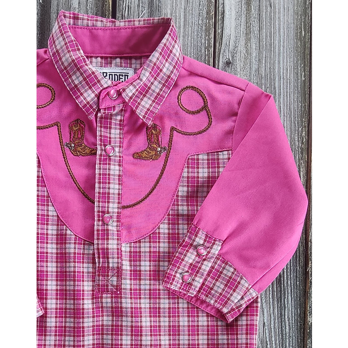 4Rodeo Baby Toddler Western Pink Plaid Cowboy Bodysuit Shirt (9-12 Months)