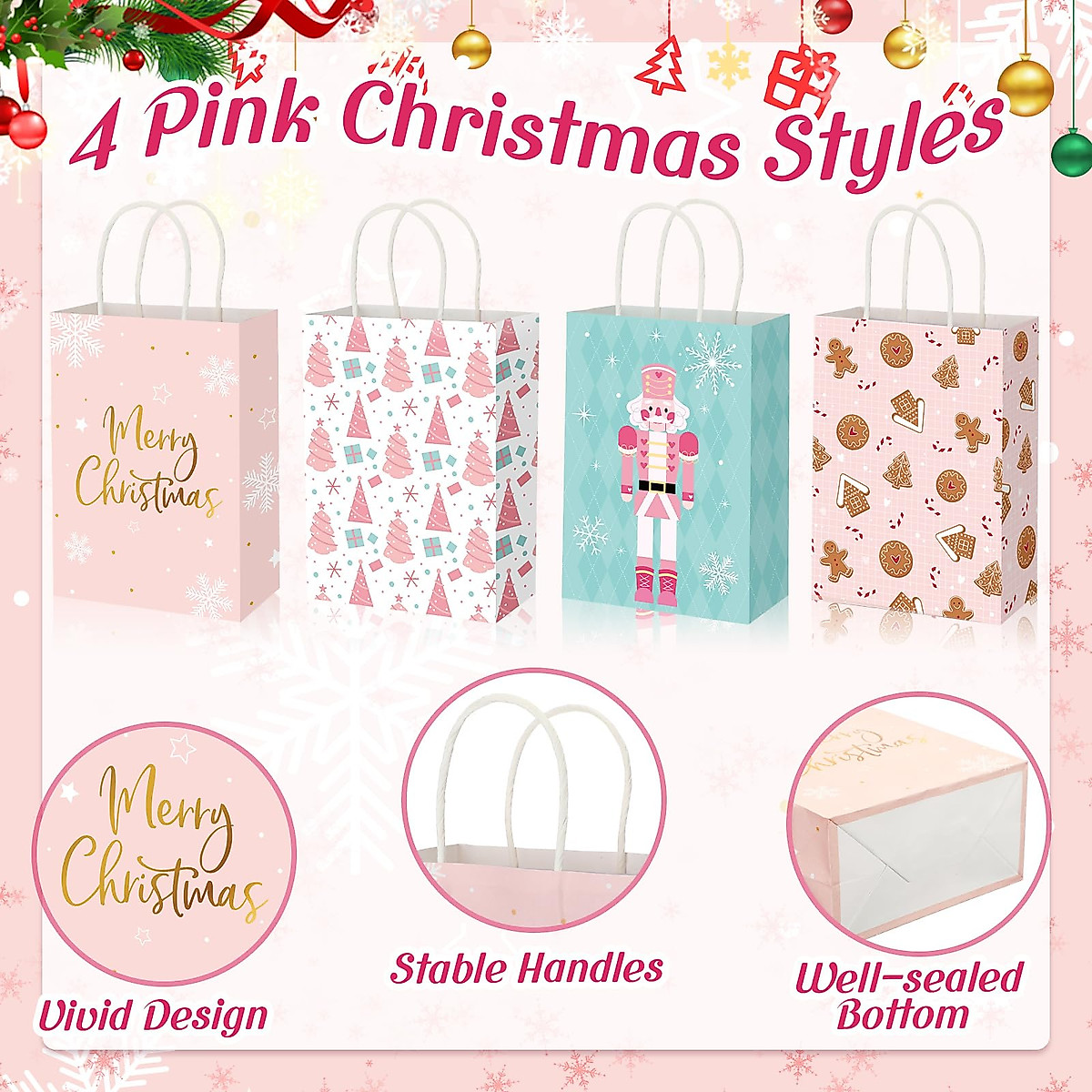 Zhanmai 24 Pcs Pink Christmas Gift Bags with Tissue Paper Gingerbread Gift Bags Nutcracker Wrapping Bags with Handles for Xmas Holiday Winter Baby Shower Birthday Favor Gift Wrapping, 8 x 6 x 3 Inch