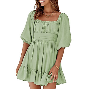 Dokotoo Beach Vacation Essentials Shirred Elastic Waist Square Neck Summer Dress for Women Tie Back Long Lantern Sleeve Ruffle A-Line Sexy Dress Casual Mini Dress Light Green Medium