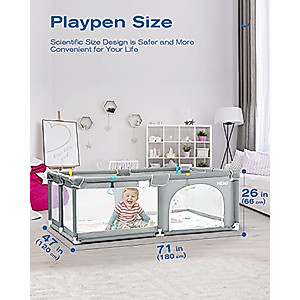 HEAO Baby Playpen | Baby Playard with Mat for Babies and Toddlers, Kids Play Pen with Bag, 71x47" Baby Play Yards, Safety Baby Fence with Breathable Mesh, Light Grey