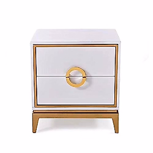 SJYDQ Bedside Table with Double Drawer Design, Stainless Steel Metal Plating Frame Simple Bedside Table, White
