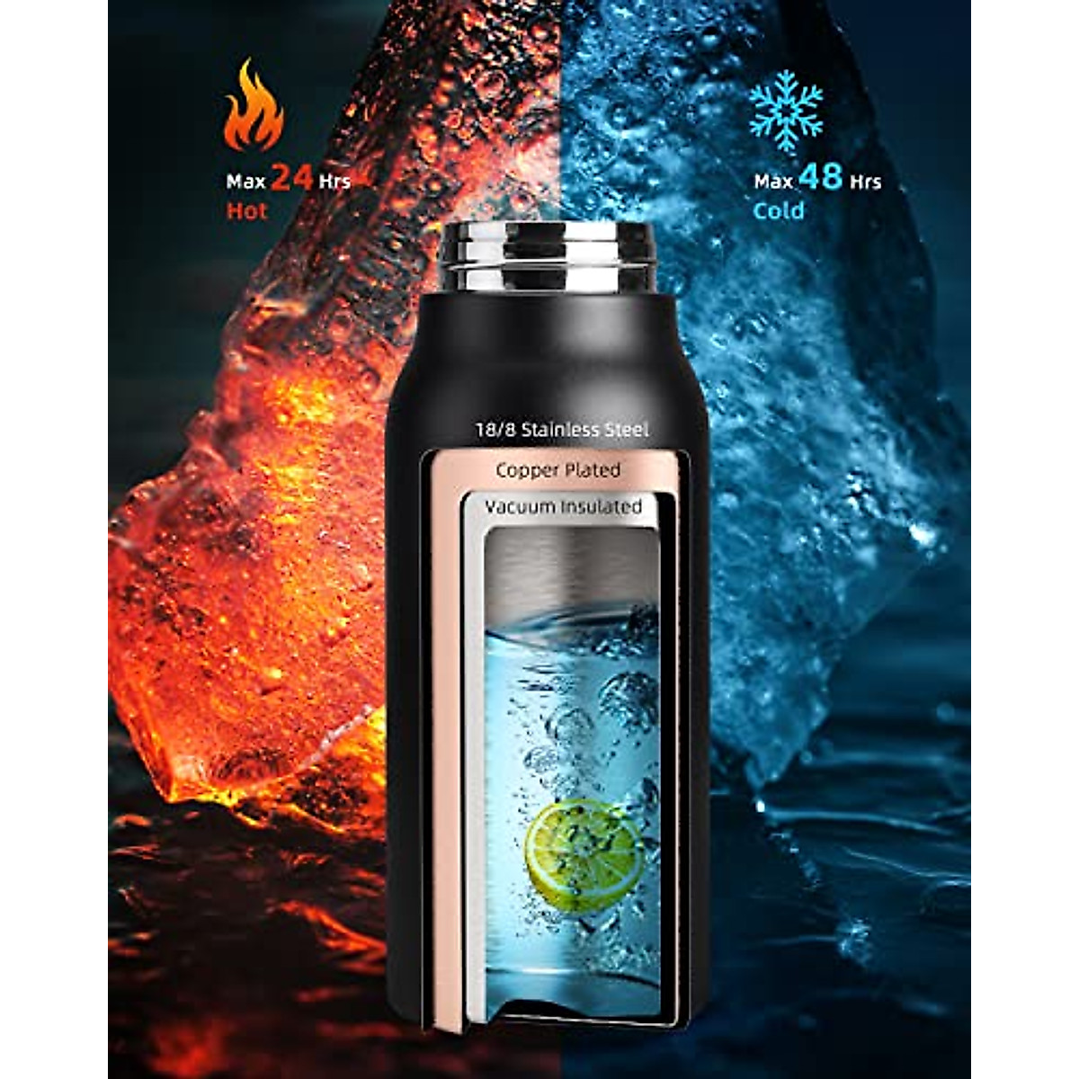 Topre 64 oz Insulated Water Bottle, Half Gallon Vacuum Double Walled Stainless Steel Large Metal Flask, Wide Mouth Jug with Handle Straw Auto Chug Lids,Keeps Cold & Hot for Sports Gym,Black