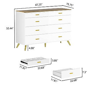 PAKASEPT White Dresser with LED Lights for Bedroom,8 Drawer Dressers with Tempered Glass Top,Chests of Drawers with 2 Grid Drawer,Storage Organizer Dresser for Hallway,Living Room