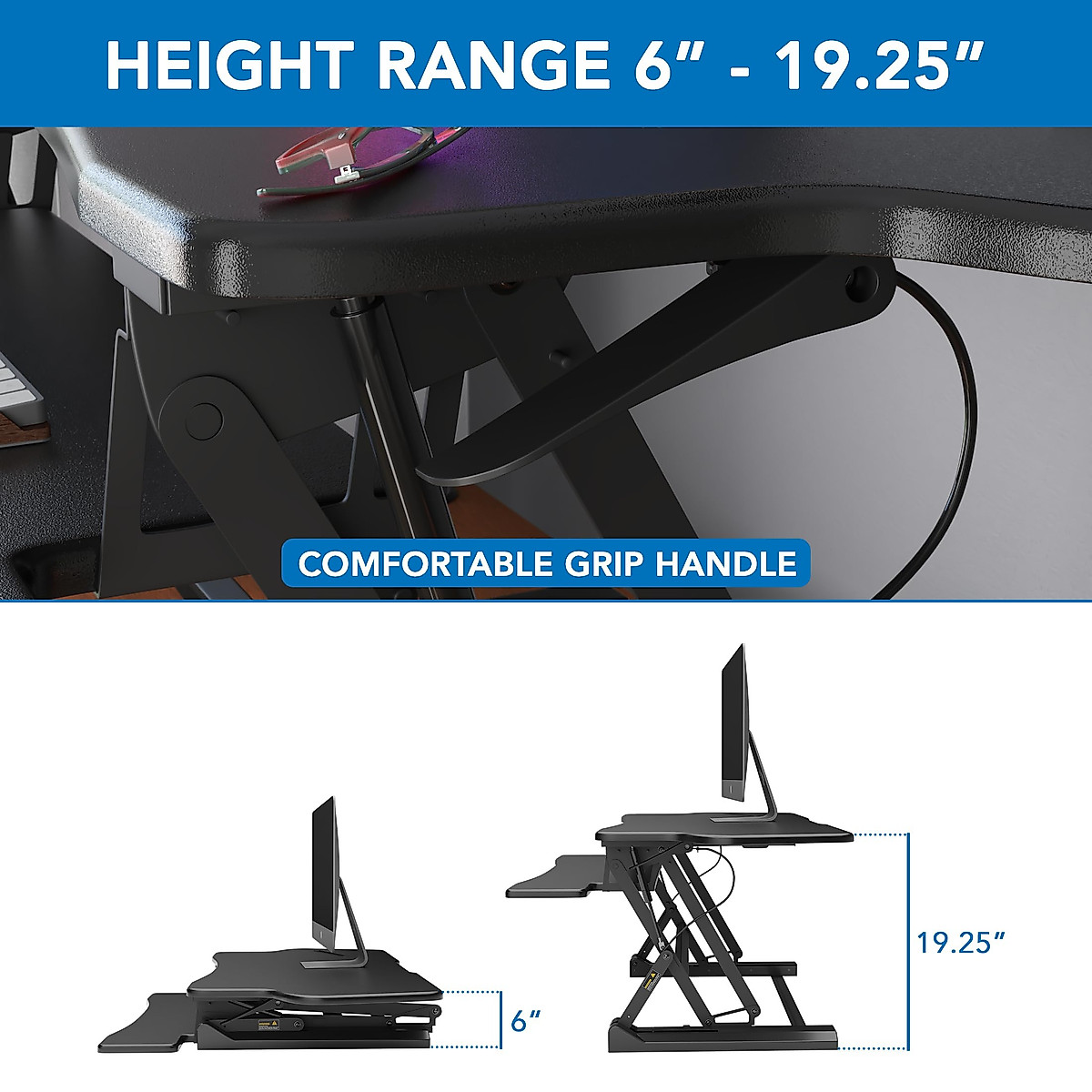 Mount-It! Height Adjustable Standing Desk Converter | 48” Wide Tabletop Sit Stand Desk Riser with Gas Spring | Stand Up Computer Workstation Fits Dual Monitors | Black | MI-7925