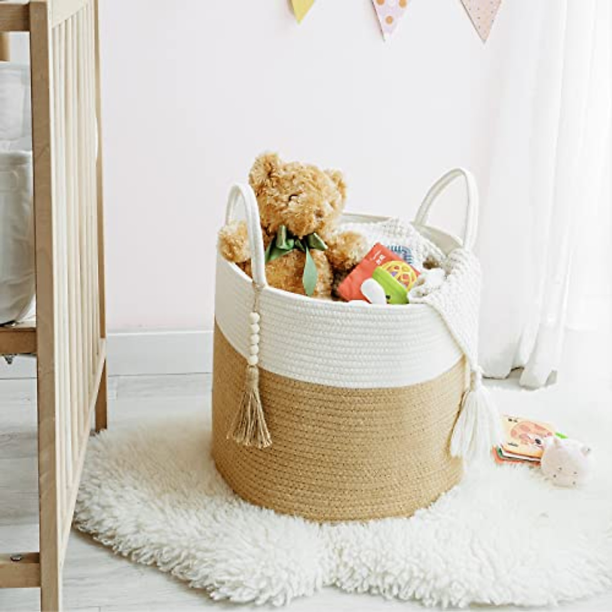 Mkono Woven Storage Basket Decorative Natural Rope Basket Wooden Bead Decoration for Blankets,Toys,Clothes,Shoes,Plant Organizer Bin with Handles Living Room Home Decor, 16"x13",White and Yellow