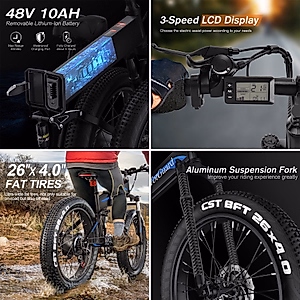 TotGuard Electric Bike, 26" x4.0 Fat Tire Electric Bike with 975W Peak Motor, 48V 10.4Ah Removable Battery, Foldable Ebike, 21.6MPH Electric Mountain Bike, Dual Shock Absorbers, 21 Speed