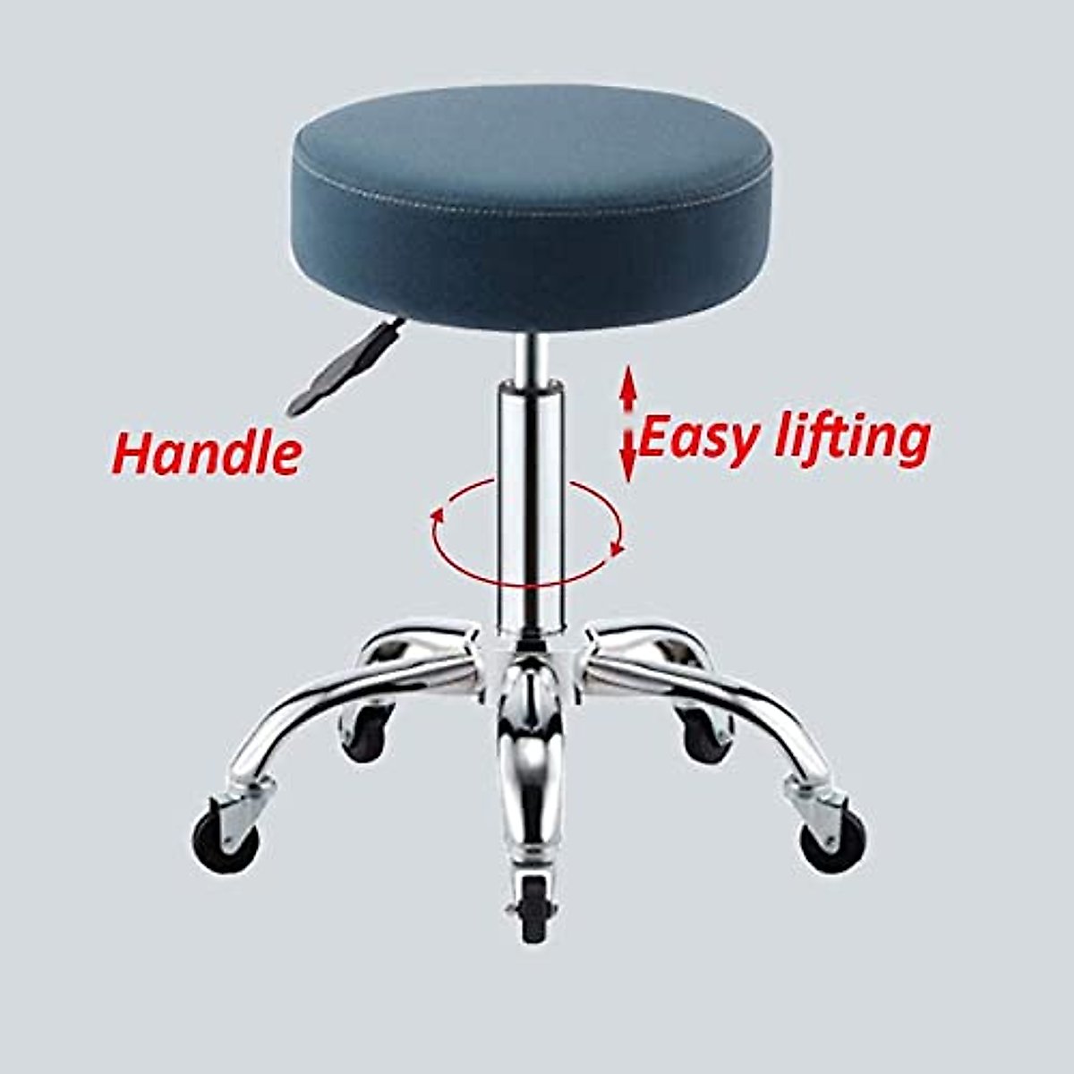 Rolling Swivel Stool Saddle Chair Stool on Wheel， Nail Stool with Gray PU Synthetic Leather Seat， Adjustable Height 45-55 cm， Supported Weight 160 Kg， Adjustable Swivel Rolling Stool for Massage Spa