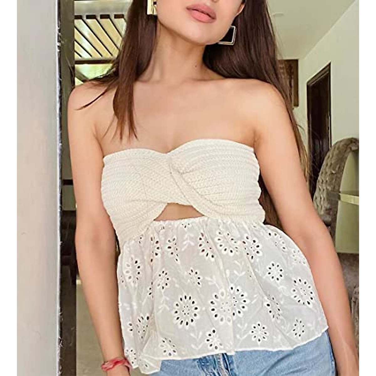 MISSACTIVER Women Twist Knot Knit Bandeau Tube Top Embroidery Strapless Off Shoulder Backless Hollow Crop Tank Corset Top Apricot