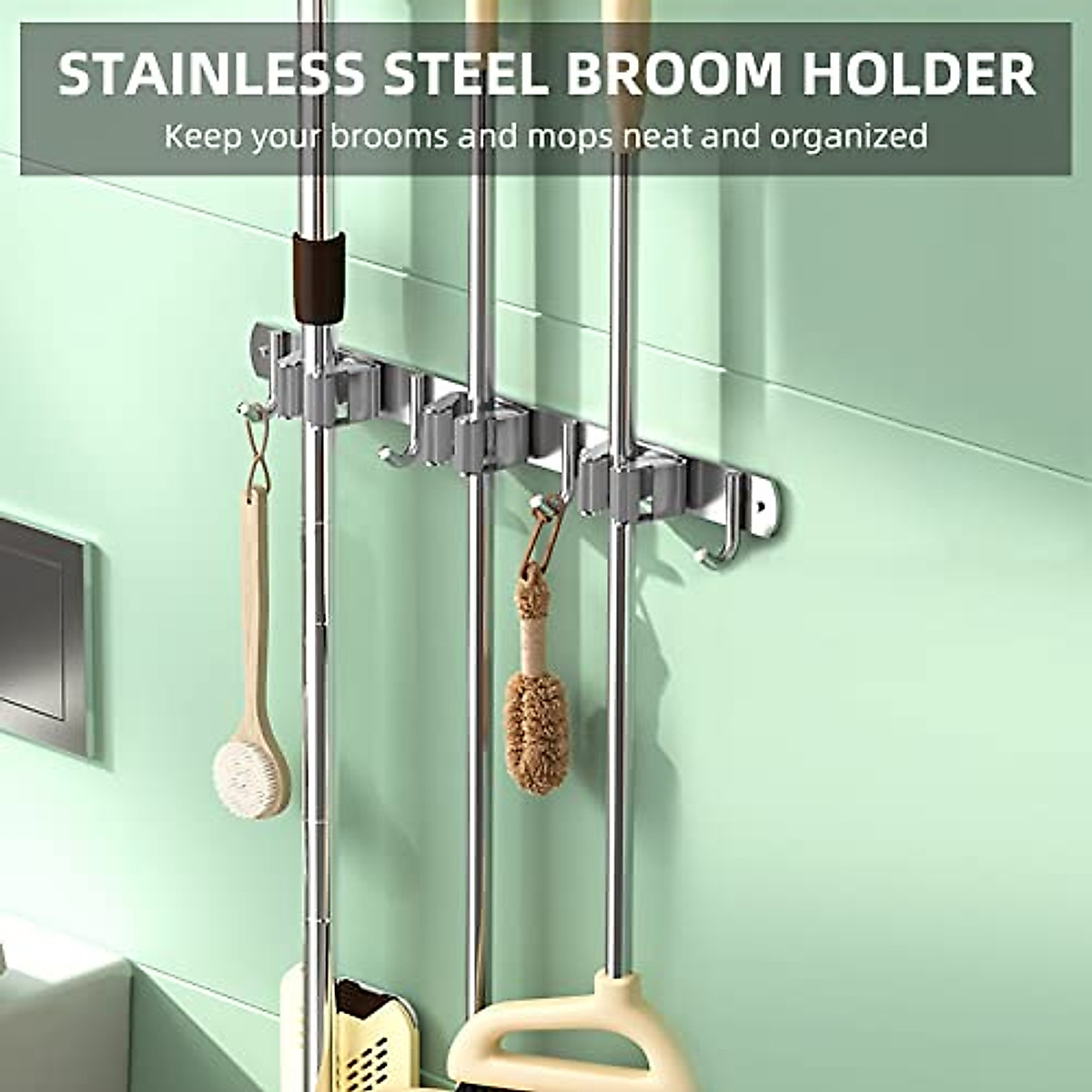 dsfen 2 Pcs Broom Holder Wall Mount Stainless Steel Mop Holder Broom Hanger Heavy Duty Broom Holder for Laundry Room Garden Garage Bathroom (3 Racks 4 Hooks)