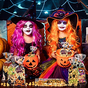 Twavang 150 Pcs Halloween Cellophane Treat Bags, Halloween Trick or Treat Goodie Bags with 170 Pcs Twists for Snacks Cookies Packing (10.8 x 4.9 inches)