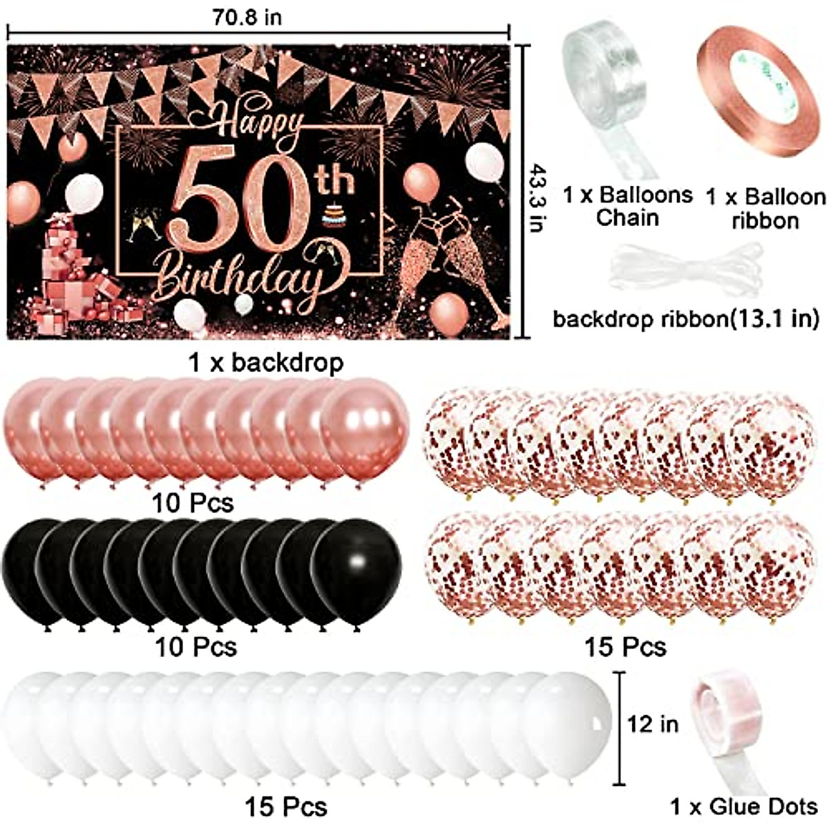Rose Gold Black Happy 50th Birthday Extra Large Background Banner with 50pcs Metallic Shiny Latex Balloons for 50th Birthday Party Backdrop Decoration Supplies