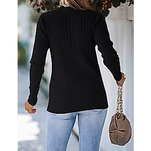 MEROKEETY Women's Long Sleeve V Neck Ribbed Button Knit Sweater Solid Color Tops Black