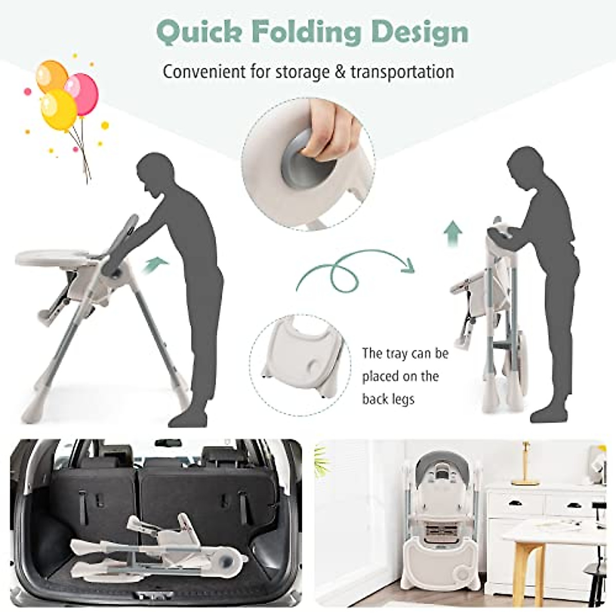 BABY JOY Convertible High Chair for Babies & Toddlers, Foldable Highchair with Adjustable Backrest/Footrest/Seat Height, Double Removable Tray, Detachable PU Cushion, Built-in Front Wheels (Gray)