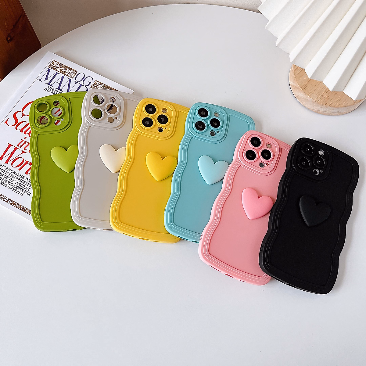 Qokey Case(6.7" 2021), Cute 3D Colors Love Heart Wavy Frame Full Protection for iPhone 13 Pro Max 6.7" Soft TPU Shockproof Phone Cover for Women Girls,Pink