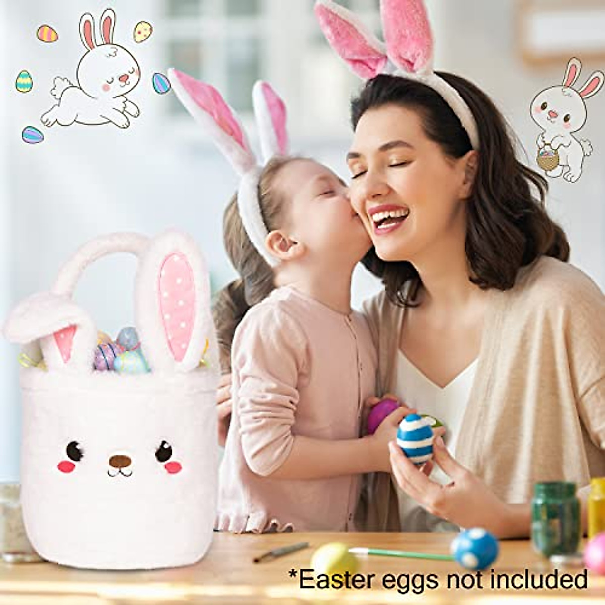 Bunny Easter Basket for Kids, Cute Plush Empty Bucket with Foldable Ears and Handle Egg Hunt Tote Candy Bag Basket for Boy Girl Teens Gift, Easter Basket Decor White 9×9 Inch