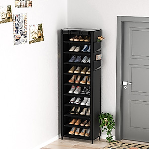 NUWFD 10-Tier Tall Shoe Rack Organizer with Dustproof Cover - Holds 20-22 Pairs, Vertical Stackable Shoe Shelf for Small Spaces, for Closet, Entryway, or Bedroom, Black