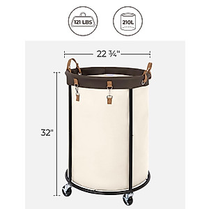 StorageWorks Laundry Basket with Wheels, 210L Extra Large Rolling Laundry Hamper, Round Laundry Cart with Steel Frame and Removable Bag, 4 Casters and 2 Brakes, Beige, 1-Pack