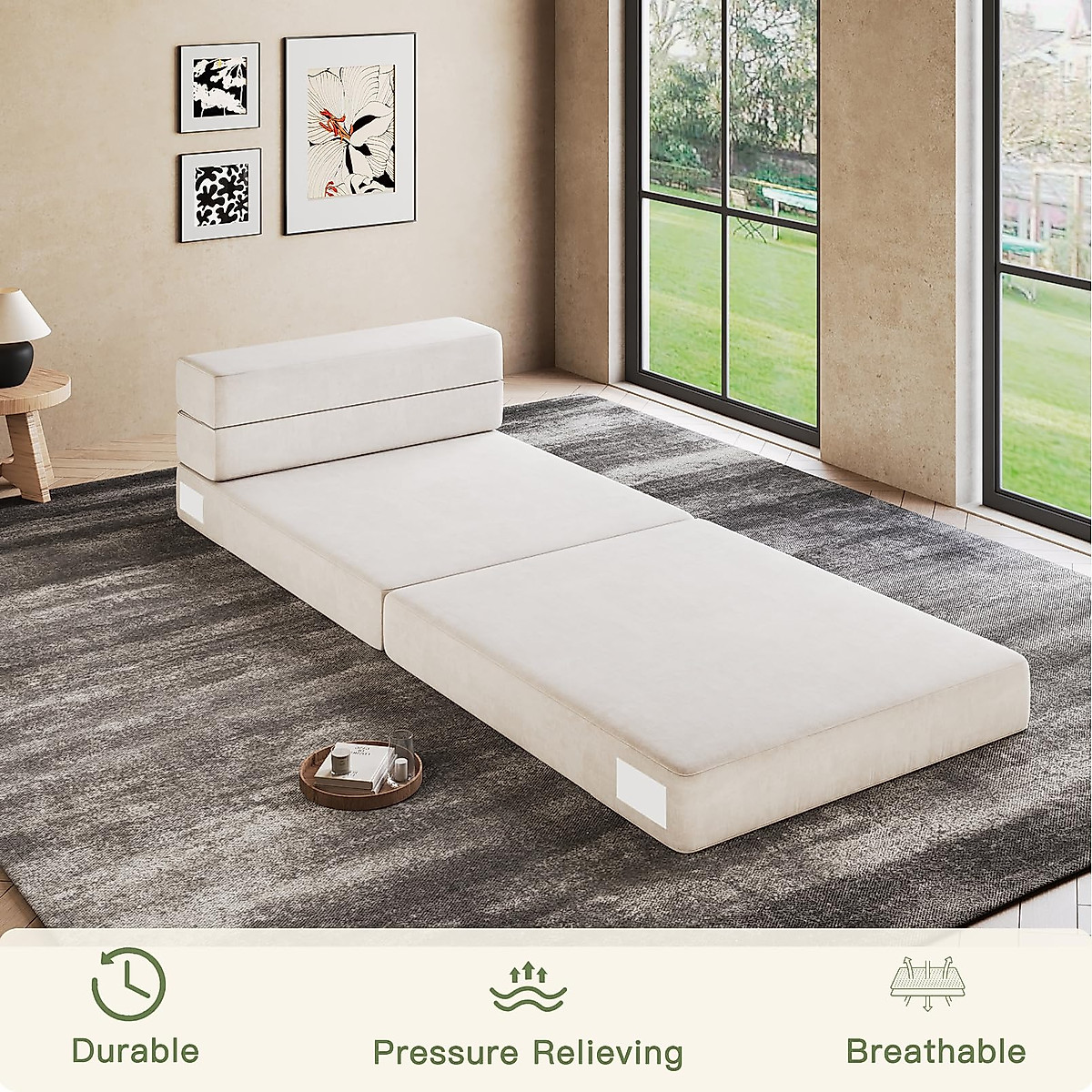 Luoxiao Folding Sofa Bed Single with Pillow, Portable Foldable Sofa Bed for Travel, Camping, Guest, Folding Lounge Chaise with Breathable & Washable Cover, Convertible and Easy to Storage， Off White