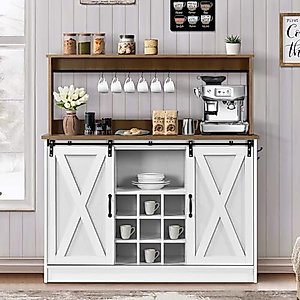 Farmhouse Coffee Bar Cabinet, 47'' Coffee Bar Station with 6 Hooks, Kitchen Coffee Bar with Hutch & 9 Wine Racks, Coffee Bars for Dining Room, White