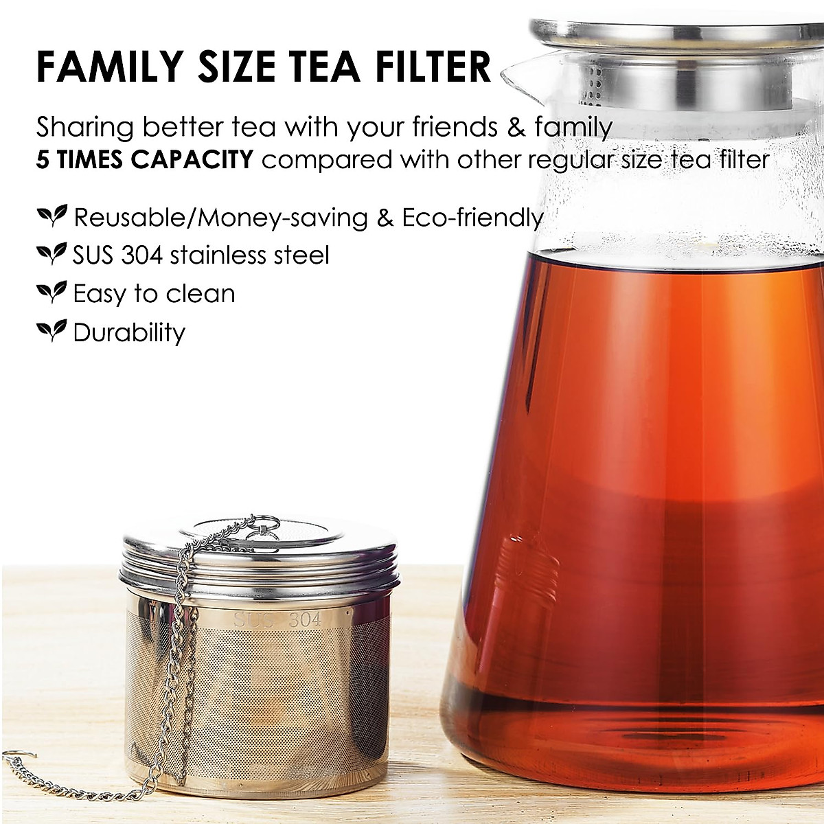 TEEMADE Large Tea Infuser - 304 Stainless Steel Tea Filter with Threaded Lid & Chain Hook - Ideal for Loose Leaf Tea, Cooking, and More - Extra Fine Mesh Holes Tea Strainer for Herbs, Iced Tea & Soup