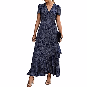 PRETTYGARDEN Women's Summer Wrap Maxi Dress Casual Boho Floral V Neck Short Sleeve Ruffle Hem Split Beach Long Dresses (Blue,Large)
