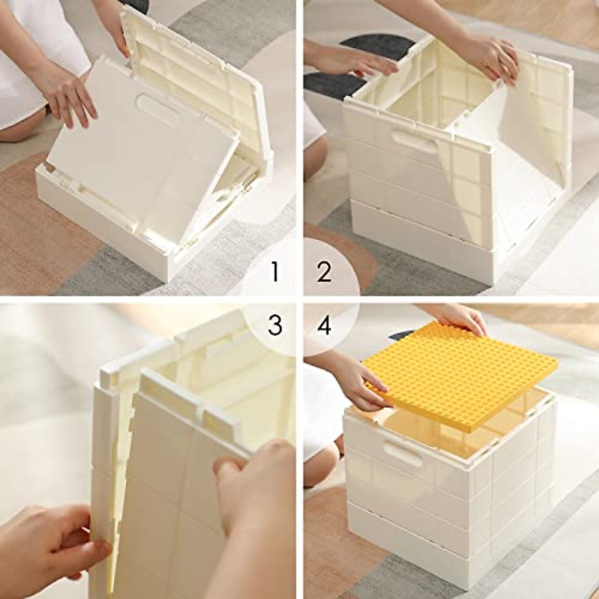 SHIMOYAMA Collapsible Duplo Storage Box, 2 Pack, 25L Storage Bins with Building Play Lid, 26 Qt. Foldable Organizer for Duplo Bricks, Yellow and Red