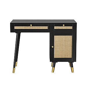 Anmytek Rattan Vanity Desk with Drawers and Storage, Black Makeup Vanity Table Modern Home Office Desk Computer Desk for Study D0005