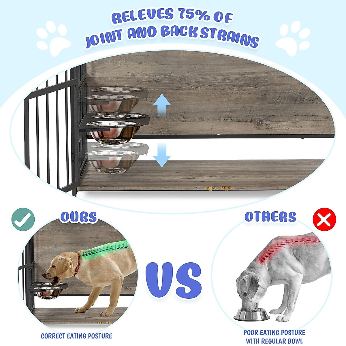 Merax 39” Heavy Duty Large Dog Crate Indoor Furniture, Wooden Metal Kennel Pet Cage with Double Doors & Adjustable Feeder Stand & Side End Table Storage, Grey