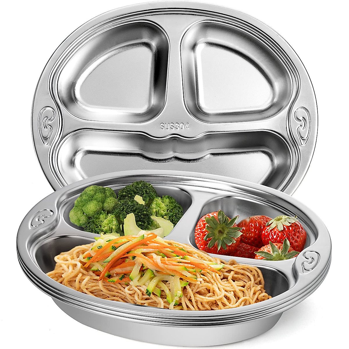 SOUJOY 4 Pack Divided Plate, Stainless Steel Diet Control Dinner Plate, 3 Sections Korean Unbreakable Monkey Shape Compact Food Serving Tray for Kids, Picky Eaters, Campers