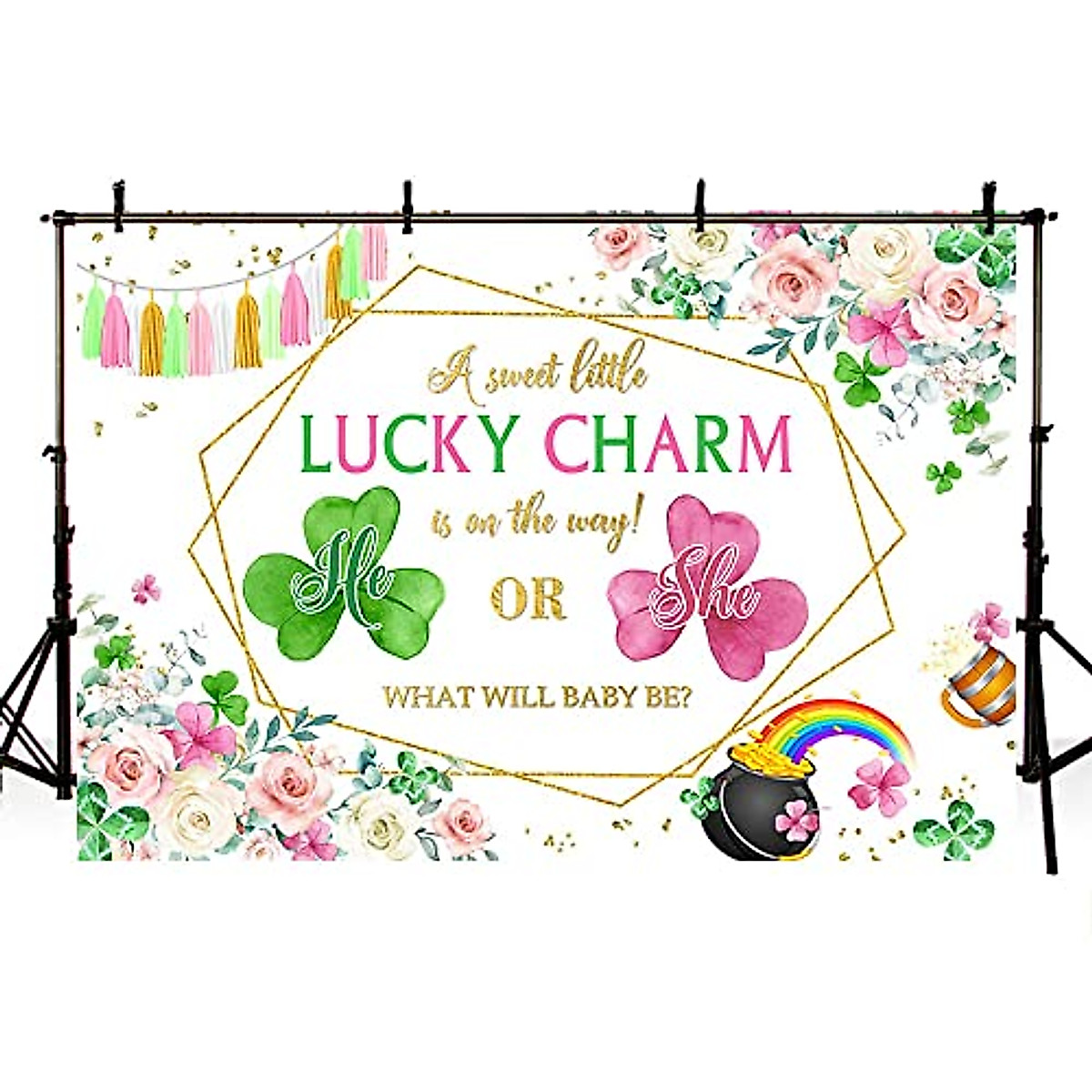 AIBIIN 7x5ft Lucky Charm Gender Reveal Backdrop St. Patrick's Day Baby Shower Photography Background He or She Pink or Green Shamrock Clover Gold Coin Party Decor Banner Supplies Photo Shoot Props
