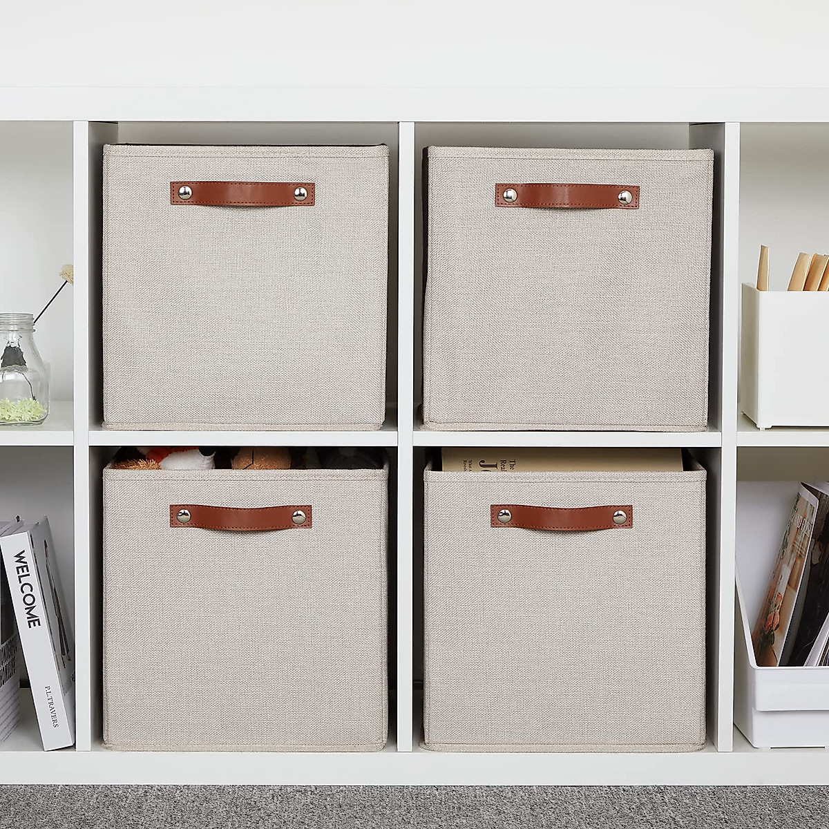 DULLEMELO 12inch Cube Storage Baskets for Shelves Closet Storage,Sturdy Home Organization Bins for Gifts Empty,Foldable Fabric Storage Cubes Baskets for Nursery Toys Clothes Storage(Beige-4 Pack)
