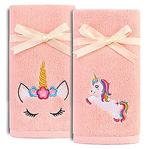 Quera 2 Pack Unicorn Hand Towels 100 Percent Cotton Embroidered Premium Luxury Cute Decor Bathroom Decorative Dish Set for Drying, Cleaning, Cooking,Girls Kids Gift 13.7'' x 29.5'',White,Pink,Rainbow