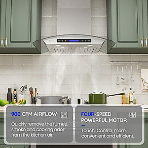 EKON KITCHEN NAP03-30 inch Wall Mounted Stainless Steel & Curved Glass Kitchen Range Hood 900 CFM / 4 Speeds Touch Control With Remote & LCD Display / 2 Pcs 3W Led Lamp / 2 Pcs Baffle Filters