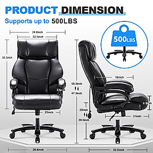 Huatean Home Big and Tall Office Chair 500LBS, Executive Office Chair for Heavy People, Heavy Duty Office Chair for Long Hours, Breathable Leather Ergonomic Office Chair for Back Pain Relief, Black