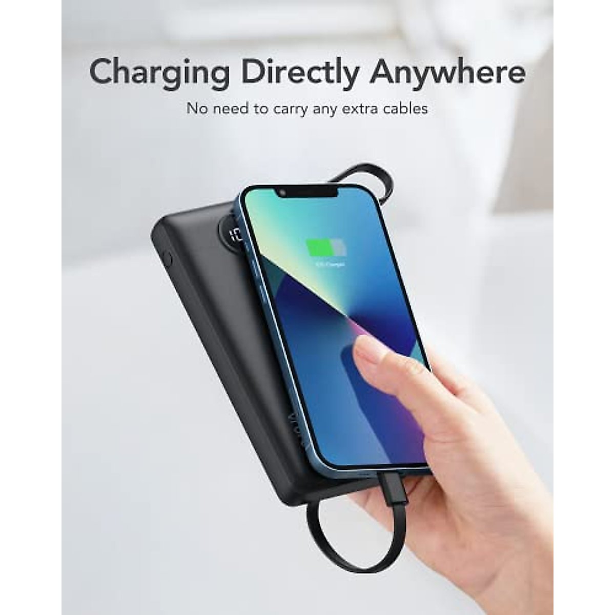 Portable Charger with Built in Cables,VRURC 10000mAh Ultra Slim USB C Power Bank,5 Output 2 Input LED Display External Battery Pack Phone Charger Compatible with Smart Devices and Cell Phones(1 Pack)