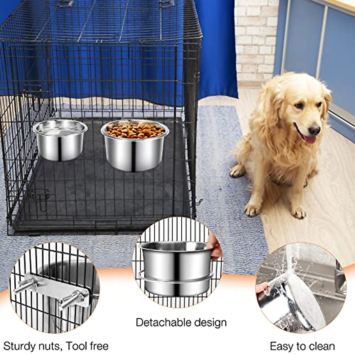 Dog Food & Water Bowl, ShineMe 2 Pack Stainless Steel Pet Bowls for Dogs and Cats Hanging in Cage Crate Kennel, Non-Slip Metal Feeder for Medium and Large Pets (7.1 * 3.5” & 5.5 * 3.2”)