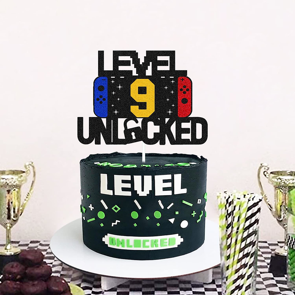 Level 9th Unlocked Sign Cake Topper Happy 9th Birthday Level Up Tenth Cake Decorations for Video Game Controller Themed Kids Boy Girl Bday Party Supplies Double Sided