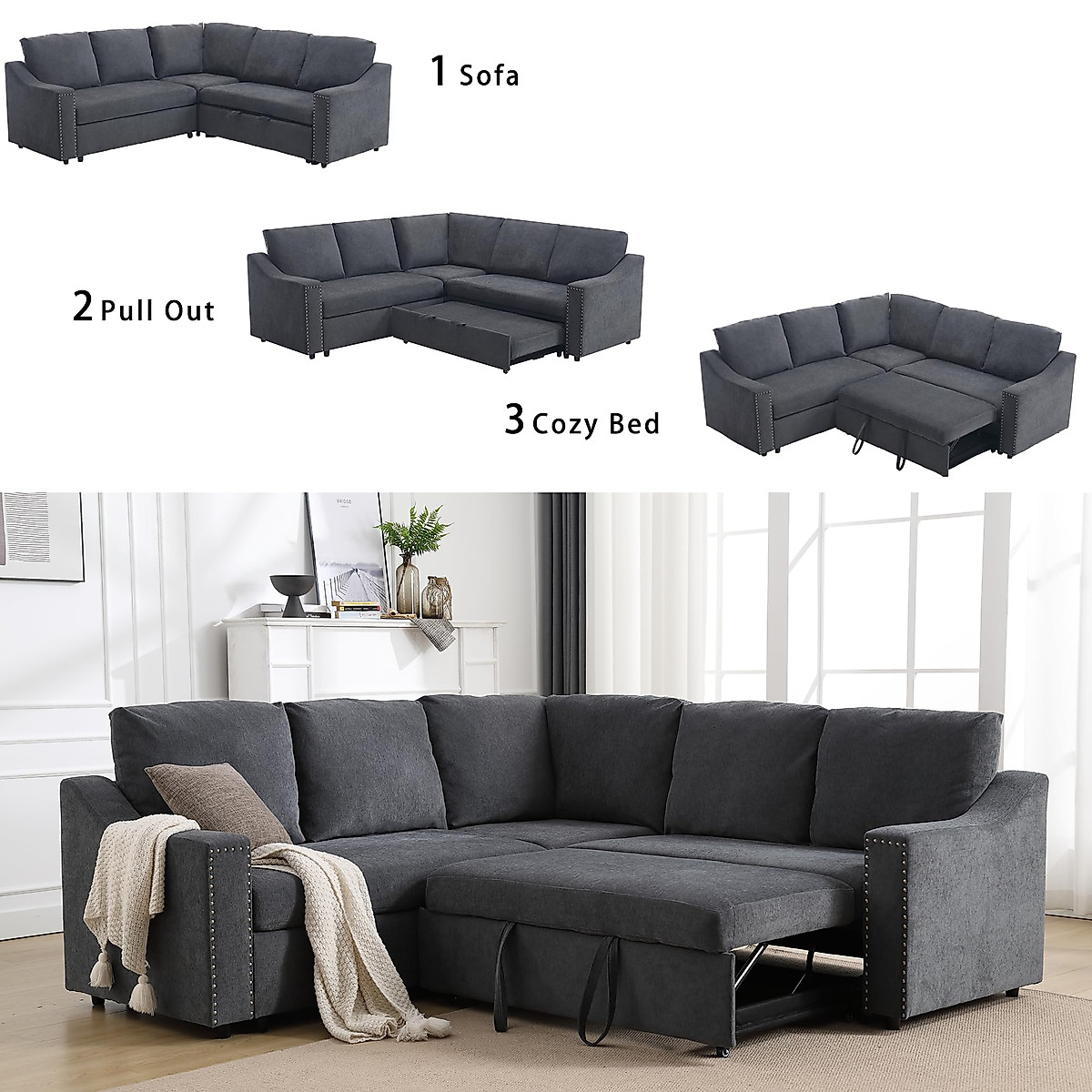 Couches for Living Room, Convertible Sectional Sofa Couch L Shaped Couch with Pull Out Sofa Bed & Square Handrail, Built-in Nailheads Trim, 5-seat Modular Sectional Sofa for Small Spaces, Grey