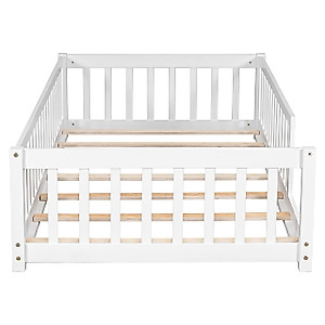 UOCFYK Toddler Twin Size Floor Bed with Fence for Kids,Solid Wood Bedframe,Easy to Assemble, No Box Spring Needed,White