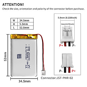 EEMB 3.7V Lipo Battery 950mAh 503450 Lithium Polymer ion Battery Rechargeable Lithium ion Polymer Battery with JST Connector Make Sure Device Polarity Matches with Battery Before Purchase