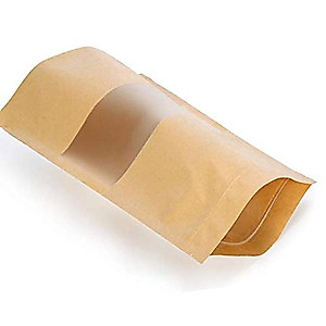 Kraft Zip Lock Stand Up Food Bags Pouches with Notch and Matte Window for Storing Cookie, Dried Foods, Snack (100 Pcs, 11.8" x 7.8")