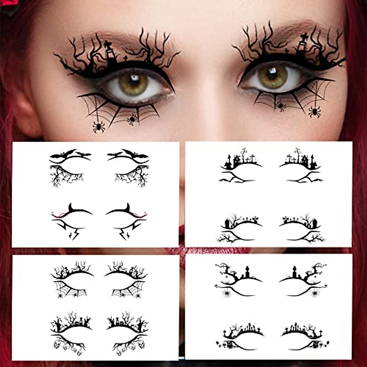 16Pcs Halloween Eyeshadow Eyeliner Sticker Spider Web Skull Bat Eye Shadow Decals for Women Halloween Masquerade Party Face Eye Realistic Makeup 3D Self- Adhesive Eye Art Decoration Tools