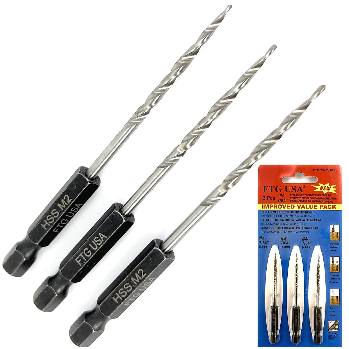 FTG USA Tapered Countersink Drill Bit Set 3 Pc #4 (7/64") Tapered Drill Bit Replacement, Countersink Bit Same Size for Wood Countersink Drill Bits